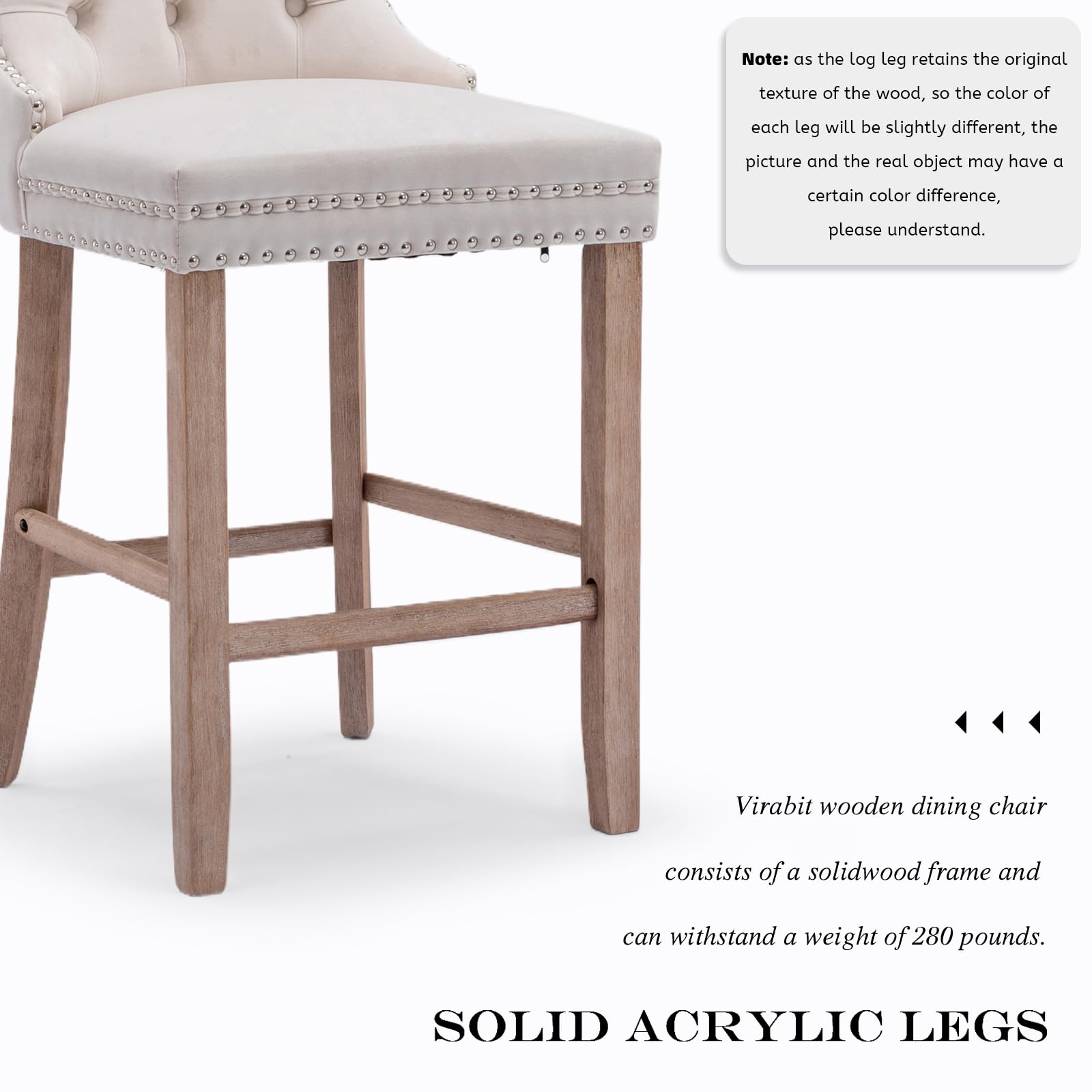 JETEAGO Bar Stools Set of 4, Velvet Upholstered Bar Stool for Kitchen Island, Counter Stools with Nailhead Trim, Beige