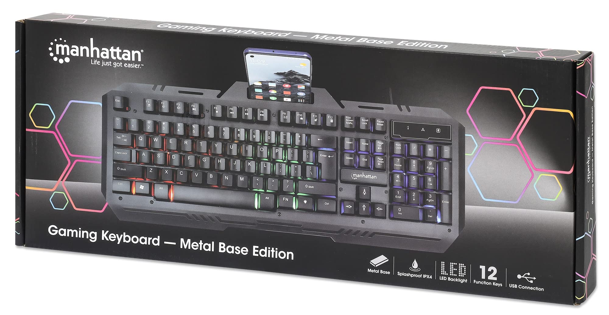 Manhattan Wired Membrane Gaming Keyboard –with Backlit RGB LED, Metal Base, IPX4 Splashproof, Phone Holder, 12 Multimedia Function Quiet Keys-for Computer, PC, Desktop, Gamer –3 Yr Mfg Warranty–180610