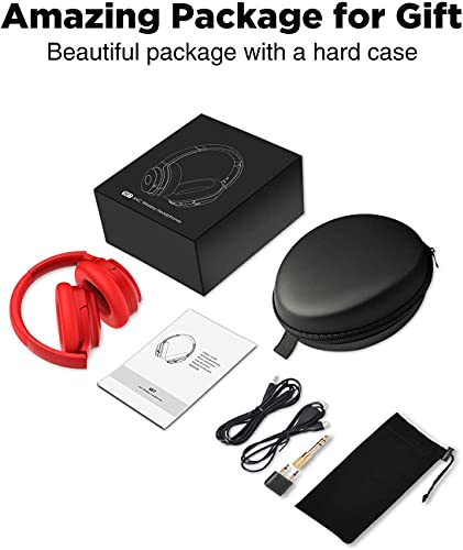 SE7 Dual Feedback Active Noise Cancelling Headphones Bluetooth Headphones Wireless Headphones Over Ear Built-in Microphone Deep Bass, 30 Hours for Travel/Work/TV/Computer/Cellphone -Red