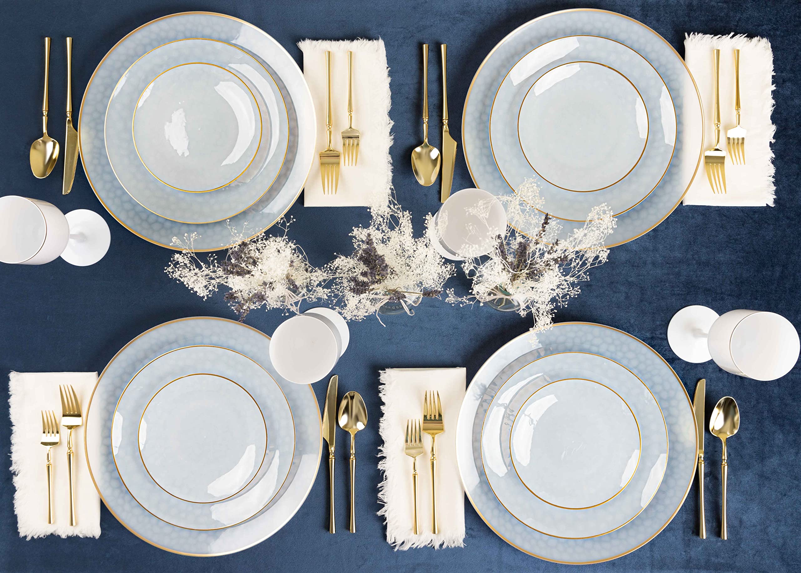 PLASTICPRO 30 Pack Hammered Plastic Plates Heavyweight Disposable Plastic Plates Elegant Transparent White With Gold Rim Platsic Party Dishes (Transparent White With Gold Rim, 9'' INCH PLATES)