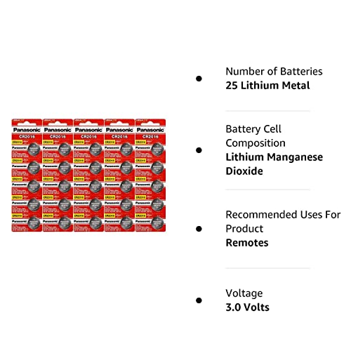 Panasonic CR2016 3V Lithium Coin Battery (Pack of 25)