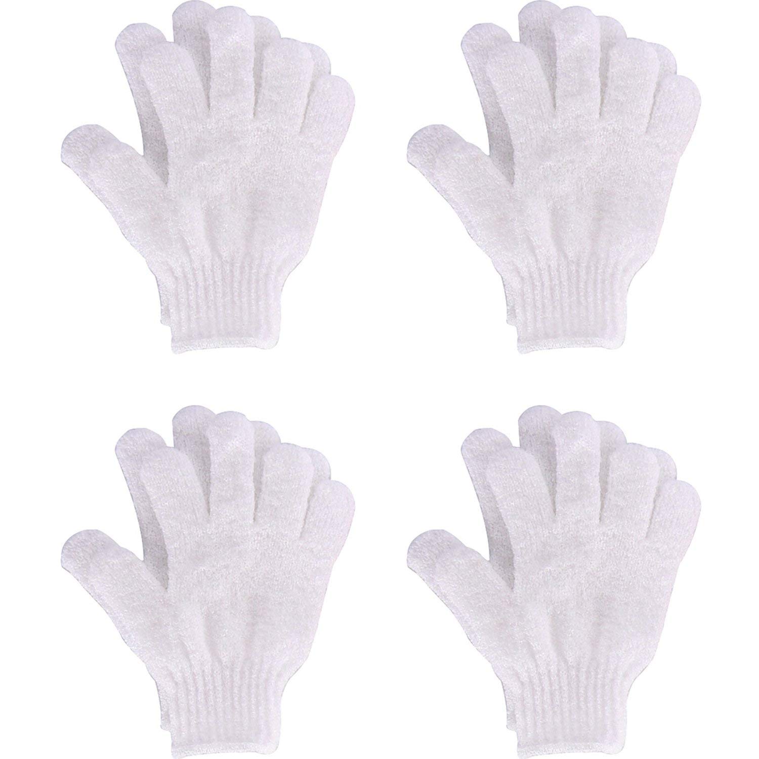 TOMYEUS Shower Gloves Scrubbing Gloves Dual-Sided Exfoliating Glove Body Bath Scrubs, White, 4 Pairs