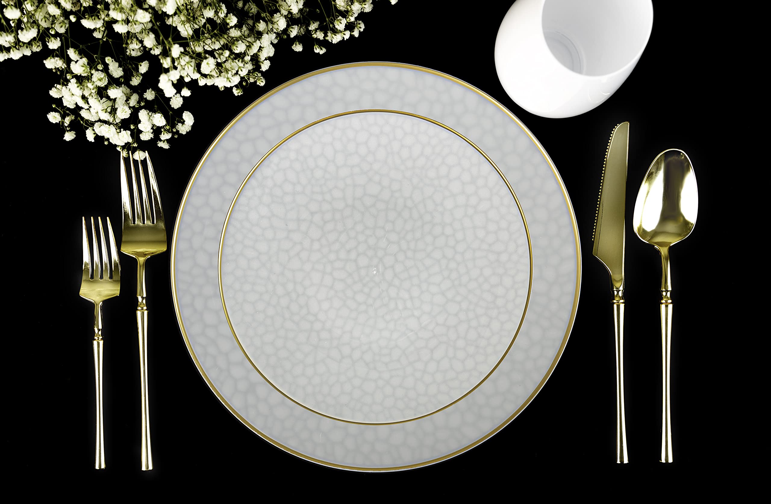 PLASTICPRO 30 Pack Hammered Plastic Plates Heavyweight Disposable Plastic Plates Elegant Transparent White With Gold Rim Platsic Party Dishes (Transparent White With Gold Rim, 9'' INCH PLATES)
