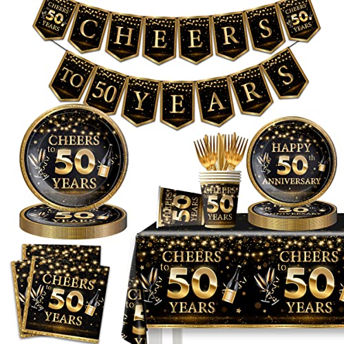 Cheers to 50th Decoration - 50th Anniversary Theme Party Cutlery Set Vintage Black Gold Dinner Plate, Napkin, Banner for Vintage 50th Party,50th Anniversary Theme Party