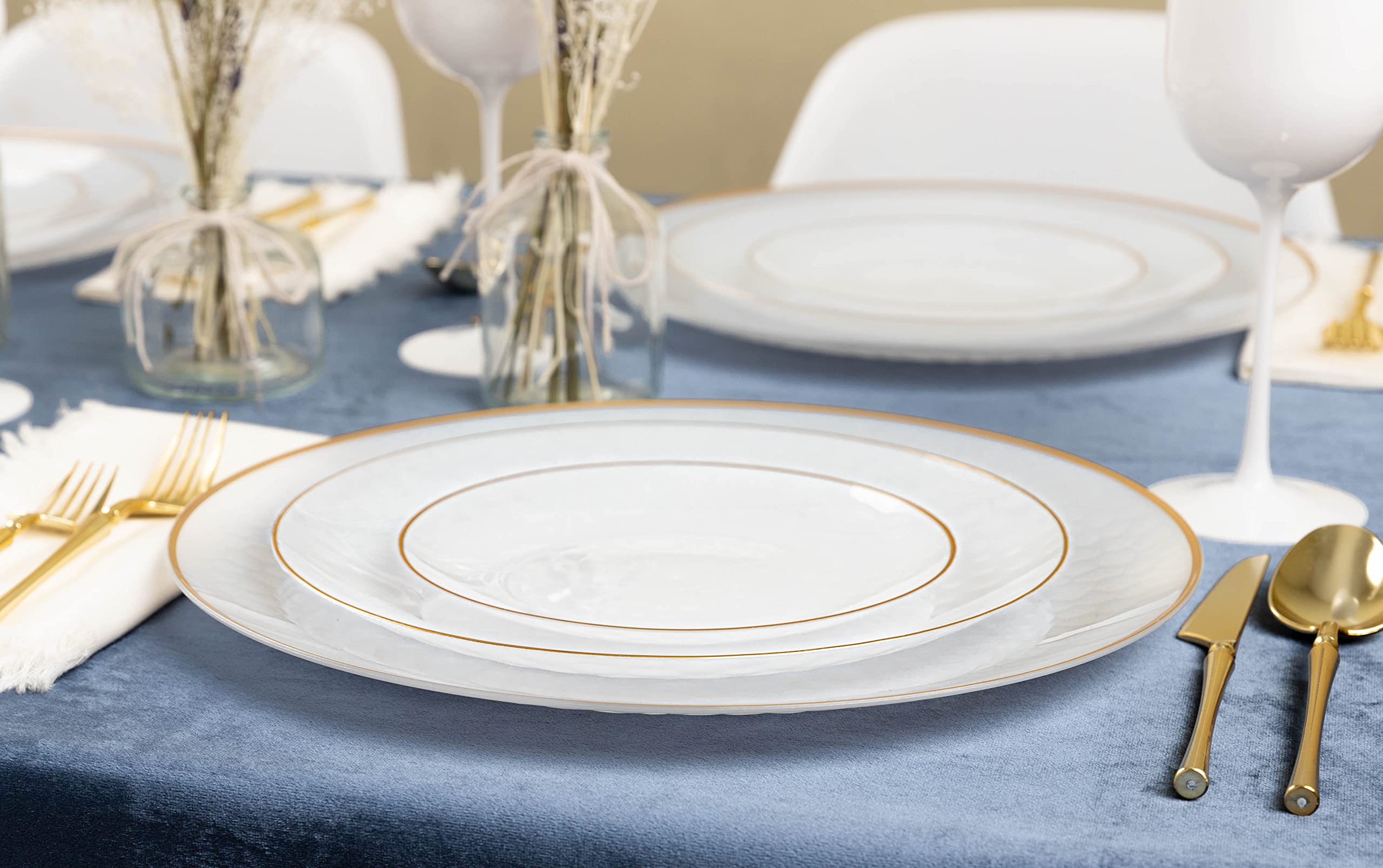 PLASTICPRO 30 Pack Hammered Plastic Plates Heavyweight Disposable Plastic Plates Elegant Transparent White With Gold Rim Platsic Party Dishes (Transparent White With Gold Rim, 9'' INCH PLATES)