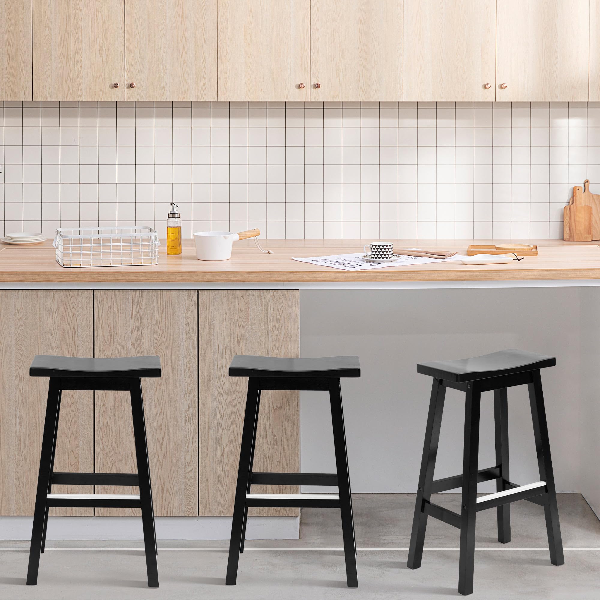 Bar Stools Set of 2, 30 Inch Counter Height Bar Stools with Footrest, Solid Wooden Frame Bar Stools for Kitchen Counter, Backless Farmhouse Bar Stool Counter Stool, Breakfast Barstool Set of 2