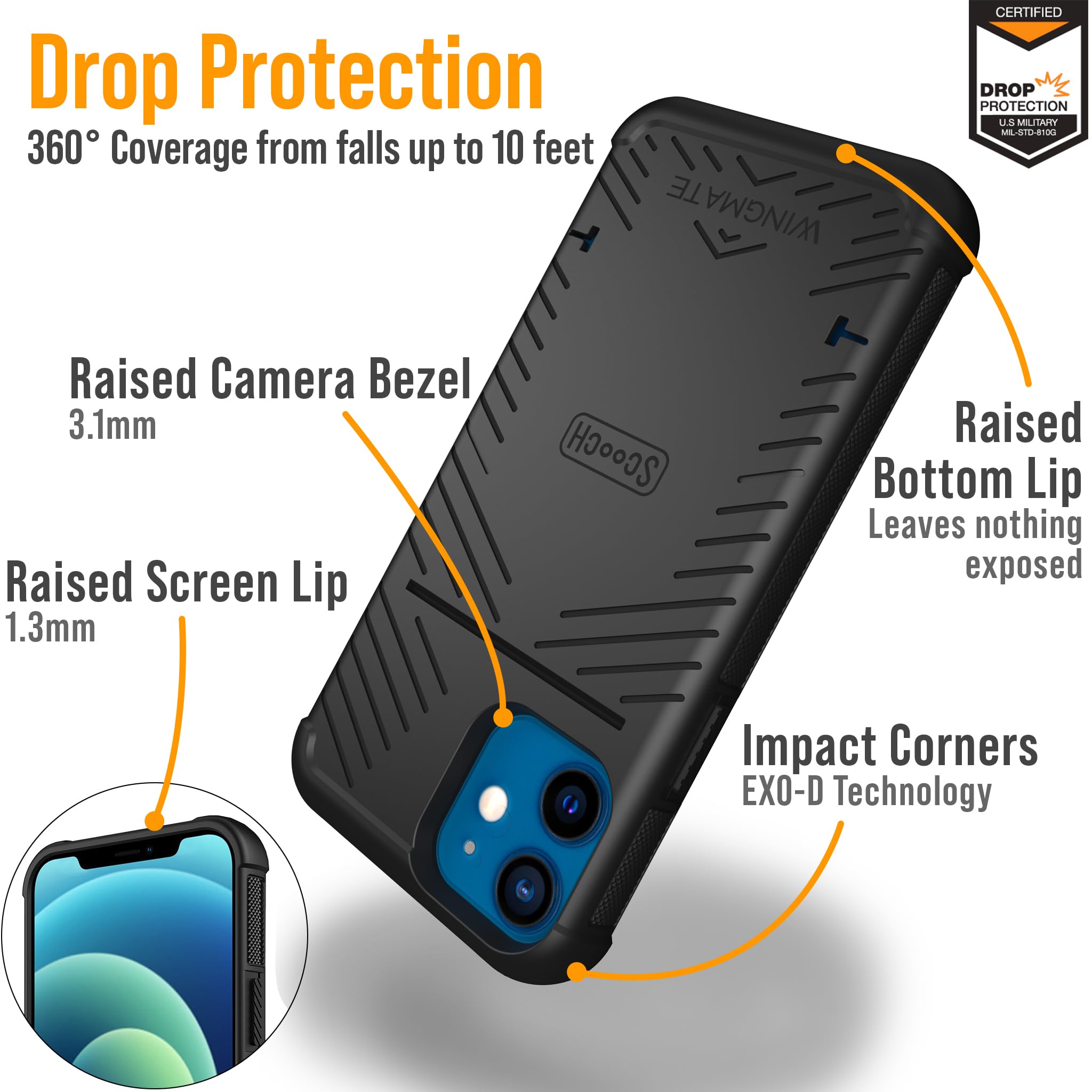 Scooch® for iPhone 12 Mini Case with Card Holder, Wingmate Wallet Case with Hidden Card Slot and RFID Protection for 3 Cards, 10-Foot Drop Protection, Black