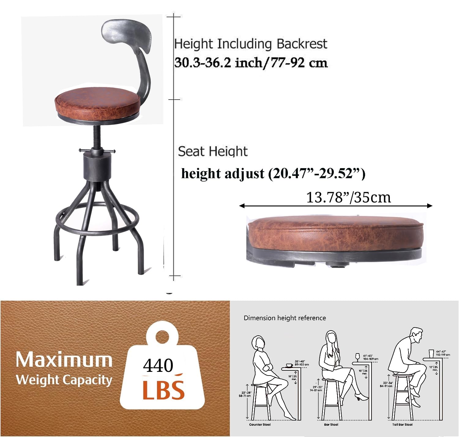 BOKKOLIK Set of 2 Bar Stools Industrial Style Kitchen Counter Island Stool Dining Chiar with Backrest Rustic Guest Chair Swivel PU Seat 23-33inch Height Adjustable