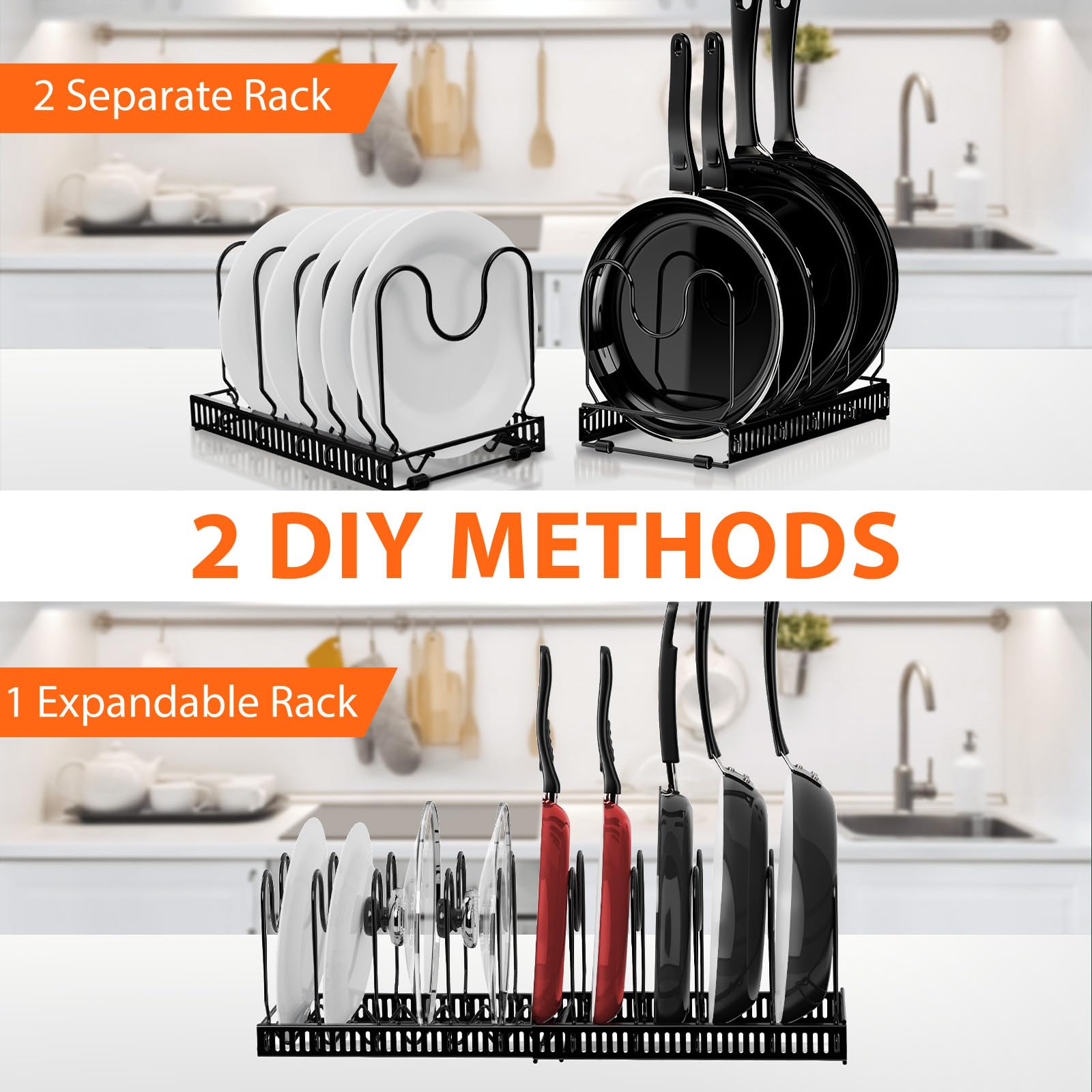 AHNR Expandable Pot and Pan Organizers Rack, 10+ Pans and Pots Lid Organizer Rack Holder, Kitchen Cabinet Pantry Bakeware Organizer Rack Holder with 10 Adjustable Compartments (Black)