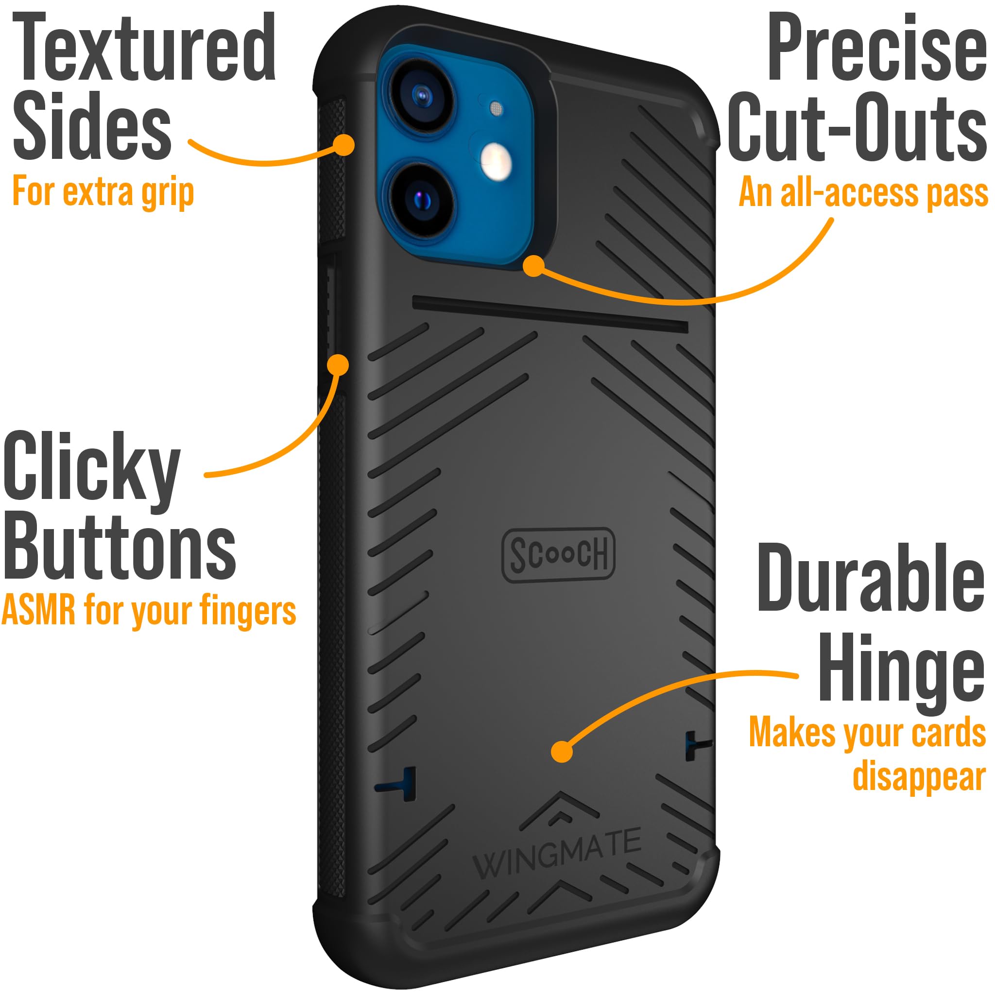 Scooch® for iPhone 12 Mini Case with Card Holder, Wingmate Wallet Case with Hidden Card Slot and RFID Protection for 3 Cards, 10-Foot Drop Protection, Black