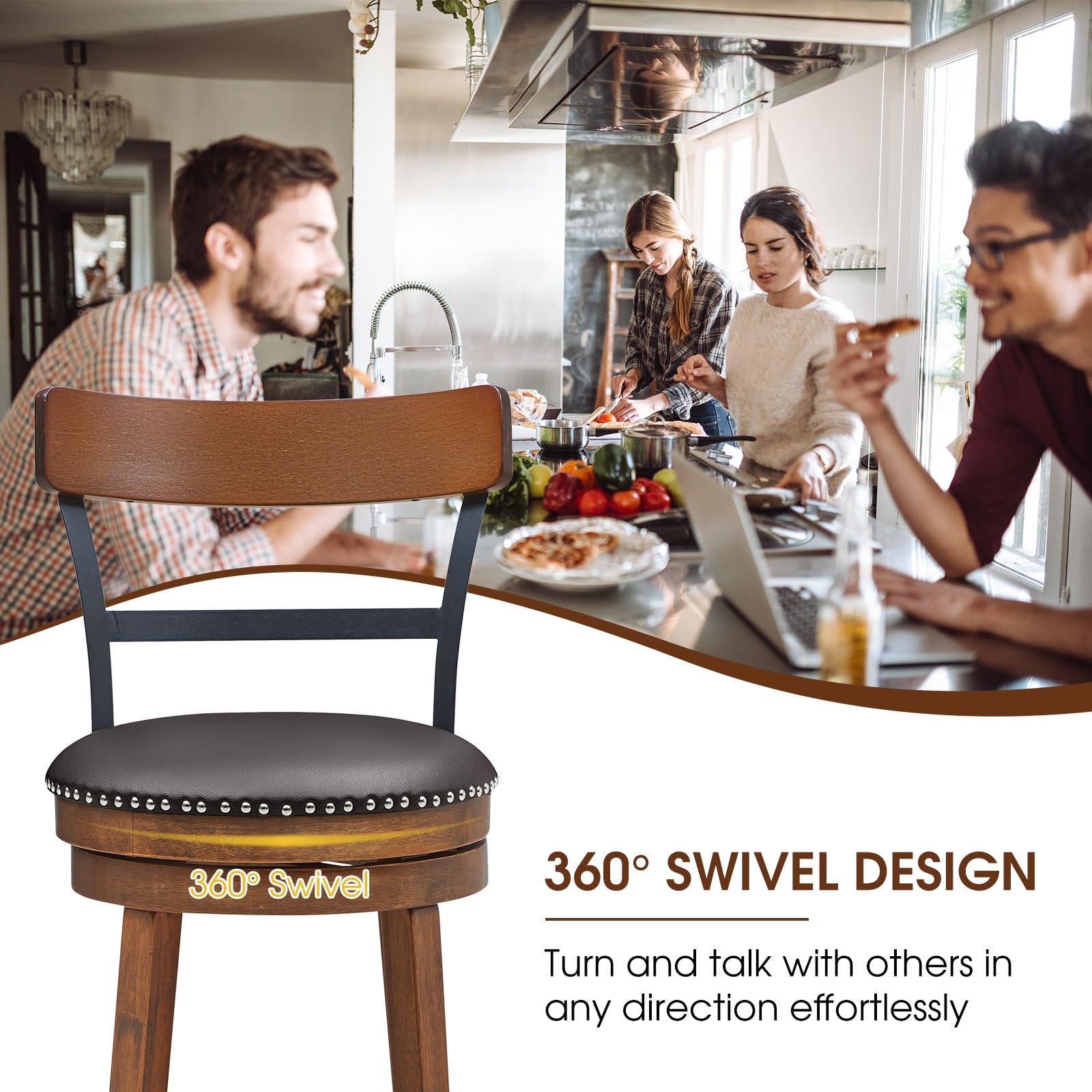 ERGOMASTER Bar Stools Set of 4 Swivel Bar Height Bar Stools for Kitchen Island, PU Leather Upholstered Barstools with Back & Solid Rubber Wood Legs & Metal Footrest, Seat Height 30.5 Inch, Brown