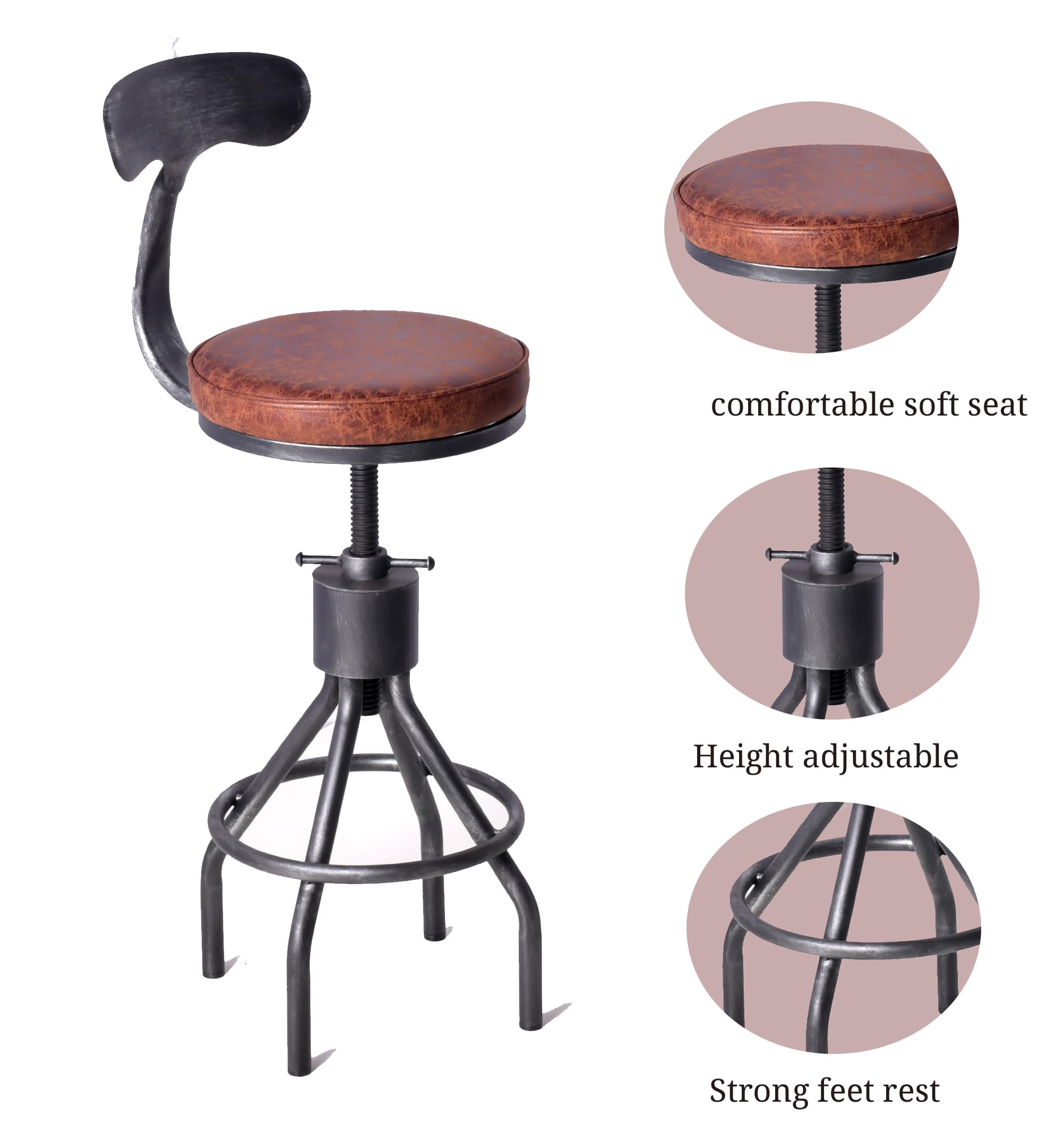 BOKKOLIK Set of 2 Bar Stools Industrial Style Kitchen Counter Island Stool Dining Chiar with Backrest Rustic Guest Chair Swivel PU Seat 23-33inch Height Adjustable