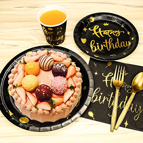 200 Pieces Gold Disposable Party Dinnerware Set &Golden Dot Disposable Birthday Party Dinnerware - Black Paper Plates Napkins Cups, Gold Plastic Forks Knives Spoons