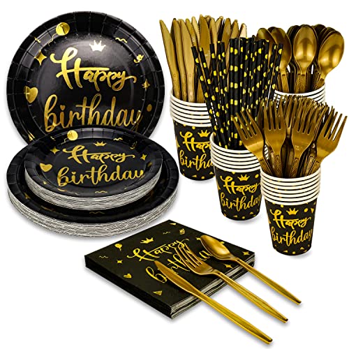 200 Pieces Gold Disposable Party Dinnerware Set &Golden Dot Disposable Birthday Party Dinnerware - Black Paper Plates Napkins Cups, Gold Plastic Forks Knives Spoons