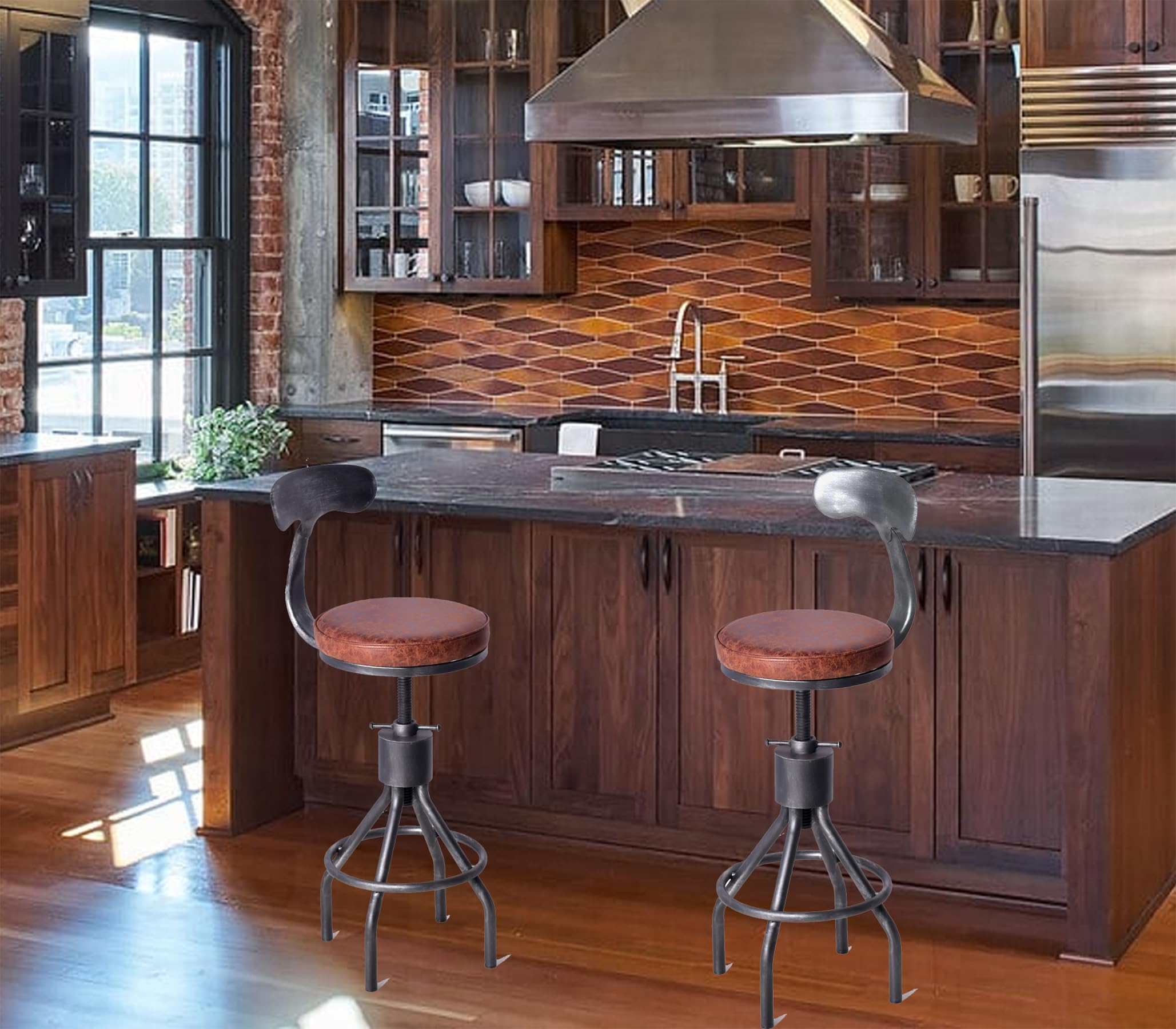 BOKKOLIK Set of 2 Bar Stools Industrial Style Kitchen Counter Island Stool Dining Chiar with Backrest Rustic Guest Chair Swivel PU Seat 23-33inch Height Adjustable