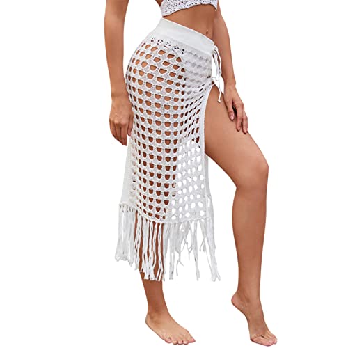 Solid Skirt Beach Sexy Hollow Fringed Color Knitted Summer Split Ripped Women's Skirt Skirt Sequin Skirts for Women Pencil (White, XL)
