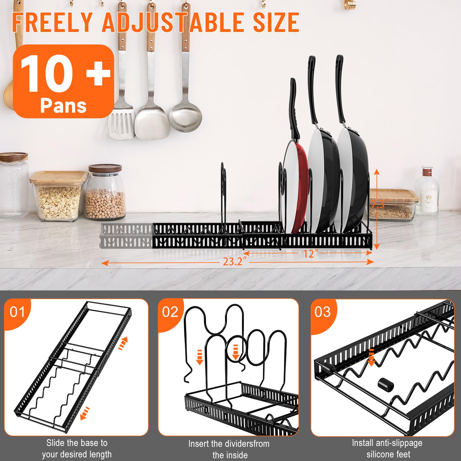 AHNR Expandable Pot and Pan Organizers Rack, 10+ Pans and Pots Lid Organizer Rack Holder, Kitchen Cabinet Pantry Bakeware Organizer Rack Holder with 10 Adjustable Compartments (Black)