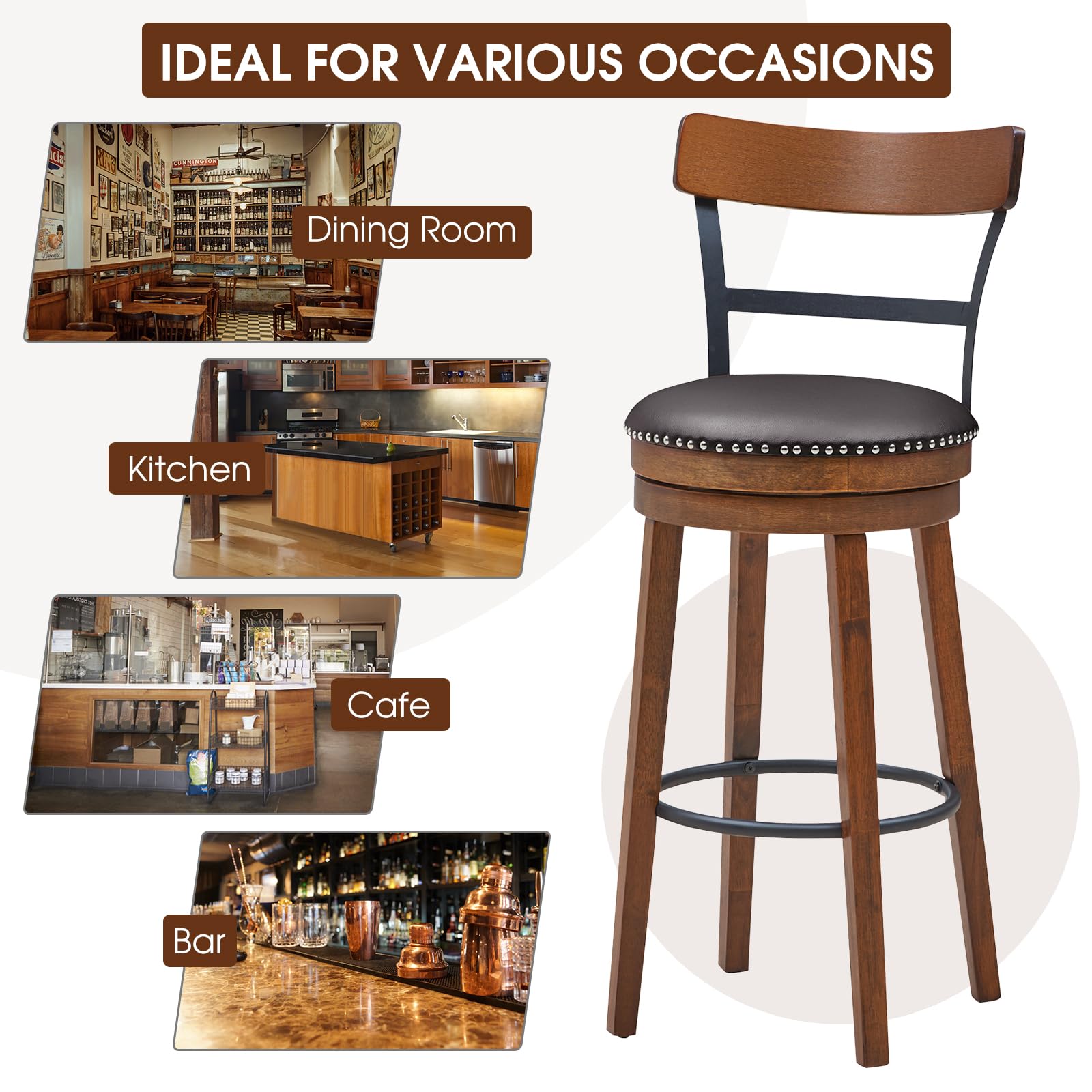 ERGOMASTER Bar Stools Set of 4 Swivel Bar Height Bar Stools for Kitchen Island, PU Leather Upholstered Barstools with Back & Solid Rubber Wood Legs & Metal Footrest, Seat Height 30.5 Inch, Brown