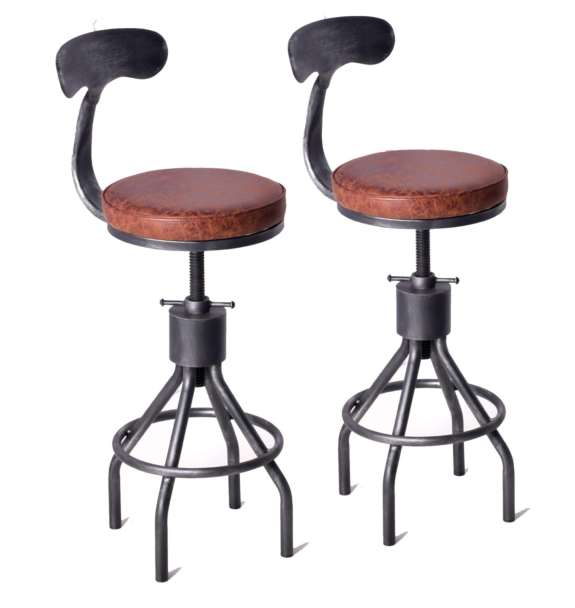 BOKKOLIK Set of 2 Bar Stools Industrial Style Kitchen Counter Island Stool Dining Chiar with Backrest Rustic Guest Chair Swivel PU Seat 23-33inch Height Adjustable