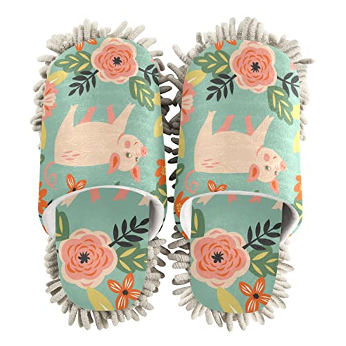 Kigai Microfiber Cleaning Slippers Flower Pig Leaf Washable Mop Shoes Slipper for Men/Women House Floor Dust Cleaner, Size L