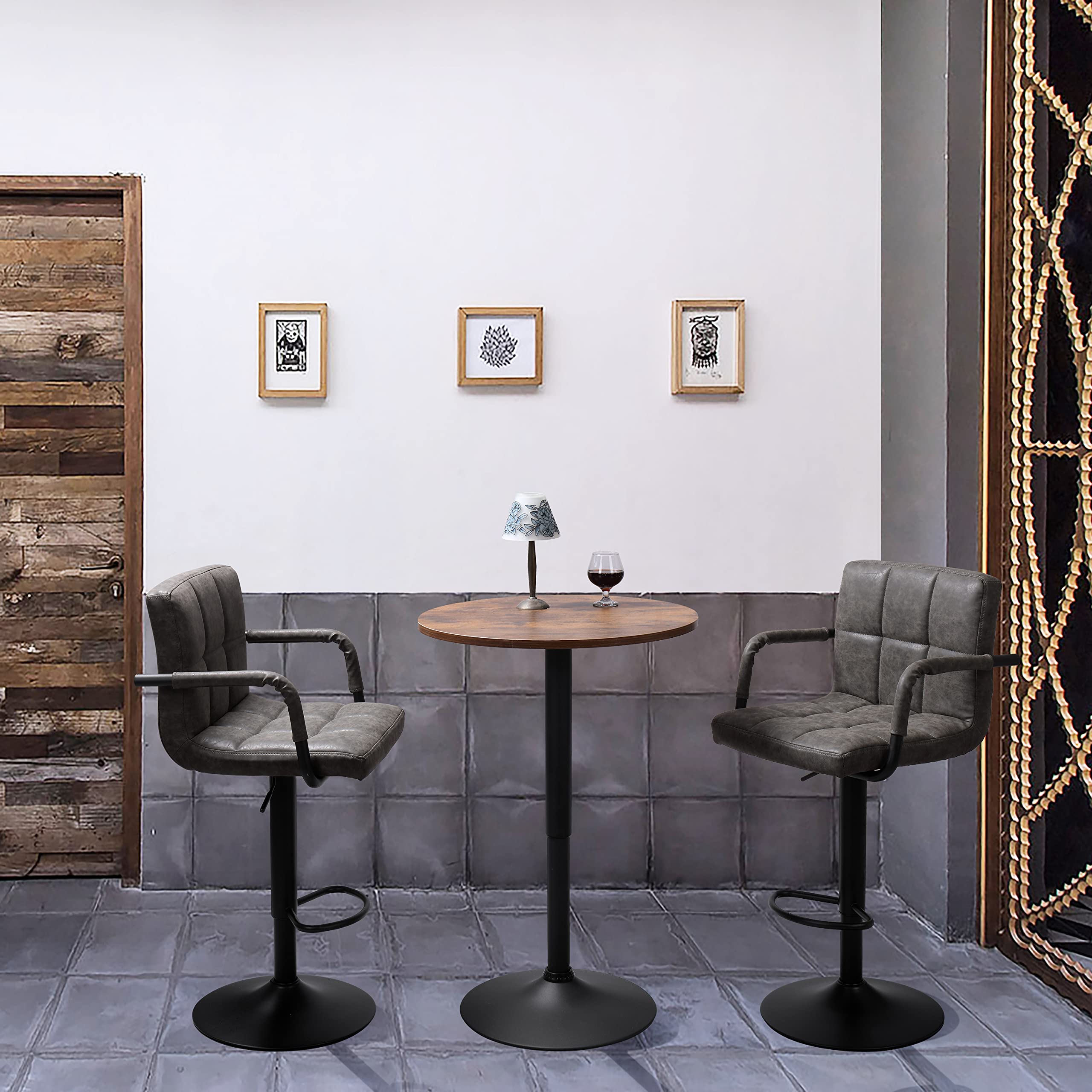 Finnhomy Bar Stools Set of 2 Counter Height, Swivel Barstools with Armrest and L Shape Thicken Cushion Back, Height Adjustable Modern Bar stools for Kitchen, Vintage Leather, Retro Grey