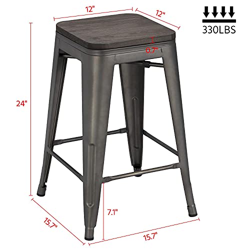 Yaheetech 24 inches Metal Bar Stools Counter Stool Indoor/Outdoor Stackable Barstools Counter Wood Top/Seat Bar Stools Set of 4, Gunmetal