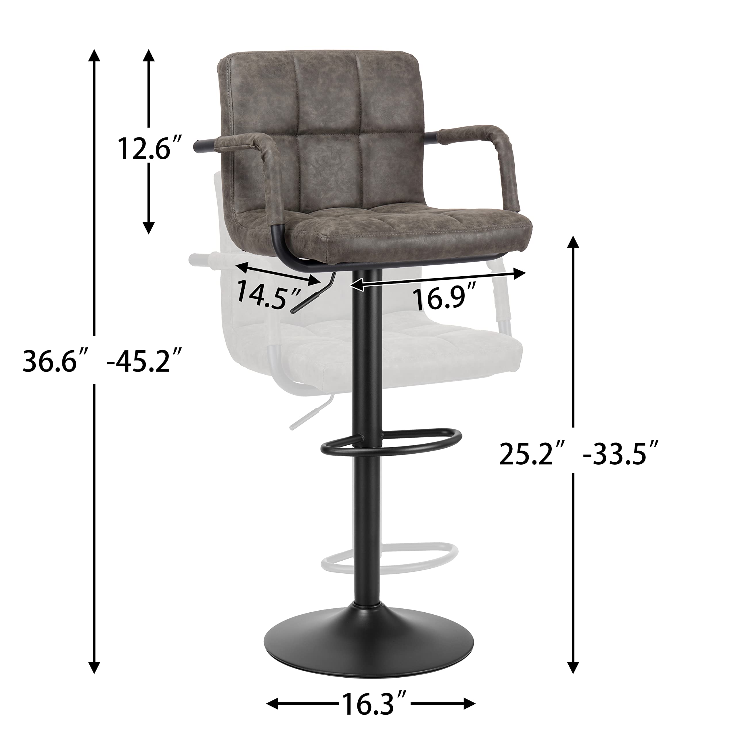 Finnhomy Bar Stools Set of 2 Counter Height, Swivel Barstools with Armrest and L Shape Thicken Cushion Back, Height Adjustable Modern Bar stools for Kitchen, Vintage Leather, Retro Grey