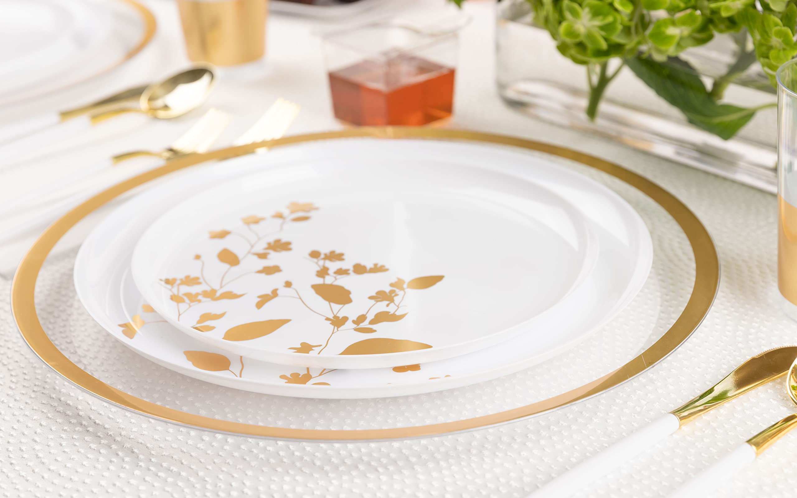 PLASTICPRO [30 Pack 6.3''] White Plastic Party Plates With Gold Garden Dseign Edge Collection Premium heavyweight Elegant Disposable Tableware Dishes