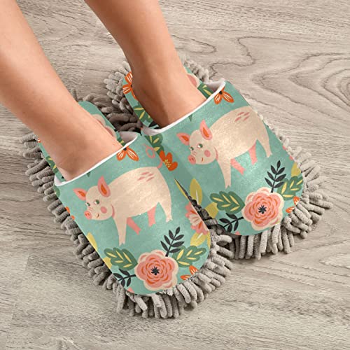 Kigai Microfiber Cleaning Slippers Flower Pig Leaf Washable Mop Shoes Slipper for Men/Women House Floor Dust Cleaner, Size L