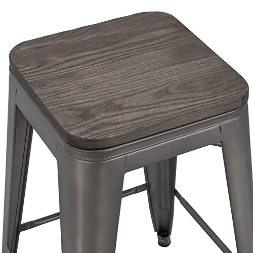 Yaheetech 24 inches Metal Bar Stools Counter Stool Indoor/Outdoor Stackable Barstools Counter Wood Top/Seat Bar Stools Set of 4, Gunmetal