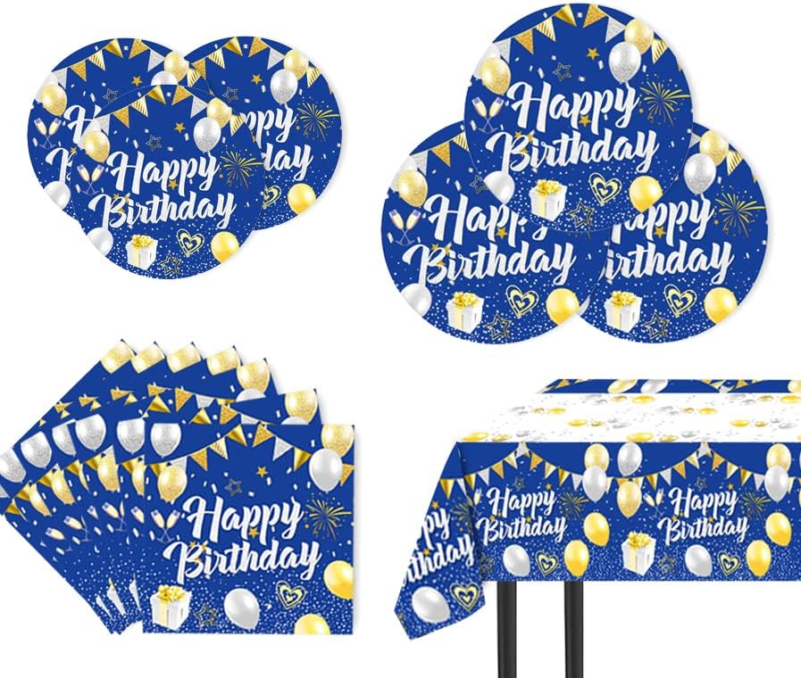 49 Pcs Navy Blue Birthday Party Tableware Set Blue Gold Birthday Party Supplies Navy Blue Plates,Napkins,Tablecloth Table Decorations for Men Women Birthday Graduation Party,Serves 16