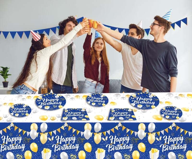 49 Pcs Navy Blue Birthday Party Tableware Set Blue Gold Birthday Party Supplies Navy Blue Plates,Napkins,Tablecloth Table Decorations for Men Women Birthday Graduation Party,Serves 16