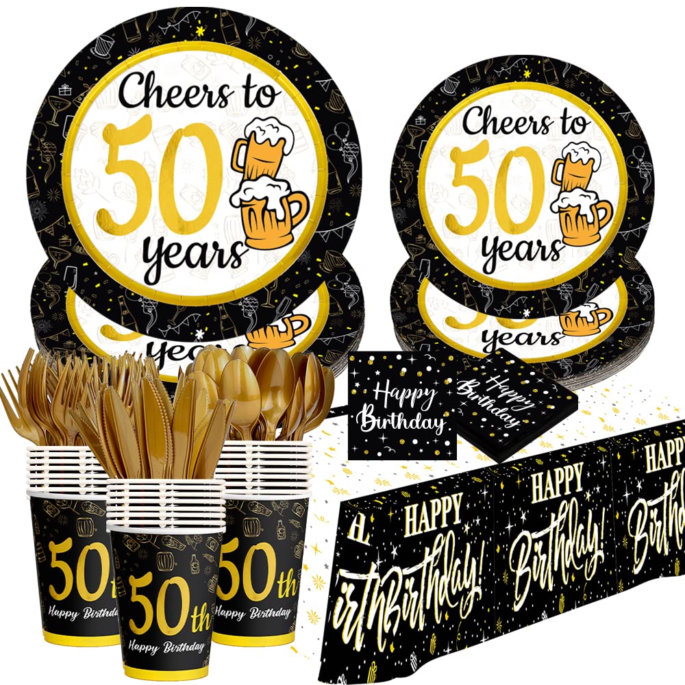 50th birthday decorations for men women - cheers to 50 years black gold Birthday supplies, Plates and Napkins, Cups, Knives, Forks, Spoons Included, tablecloth, Tableware for 24 Guests,Total 169pcs
