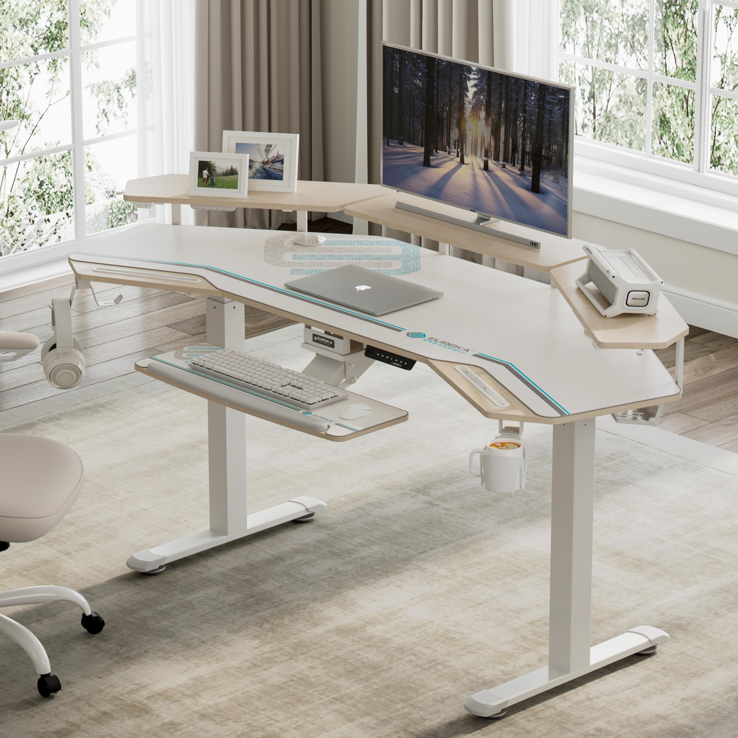 EUREKA ERGONOMIC Standing Desk with Keyboard Tray, Gaming Desk, Wing Shaped Sit Stand Desk 72'' Large Music Studio Desk, LED Convertible Shelves, Dual Motor&Slot, Maple, X-Large (ES71)