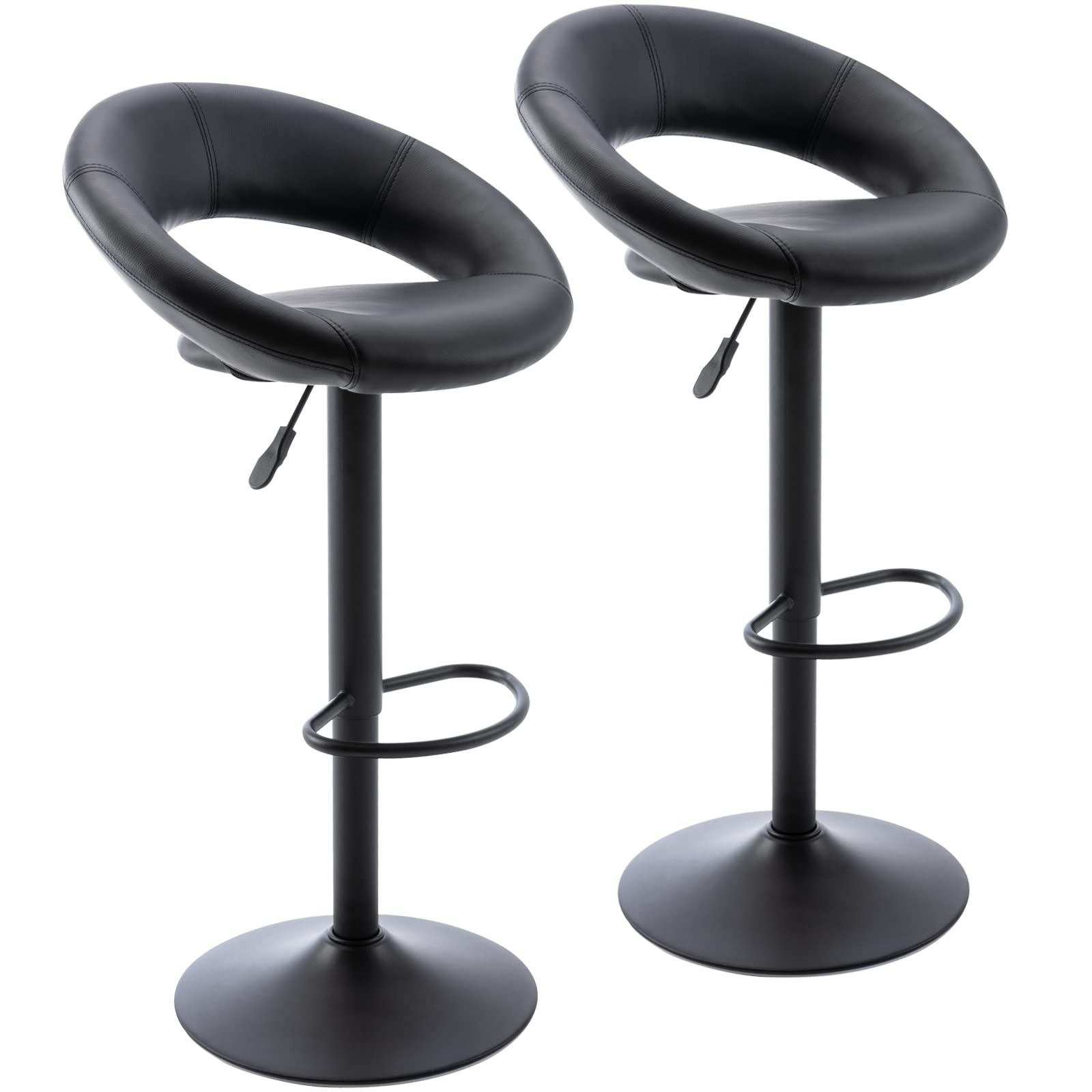 Vogue Furniture Direct Adjustable Bar Stools, Modern Cute PU Leather Swivel Barstools with Hollow Back, Airlift Counter Height Bar Chairs for Kitchen Dining Pub Cafe, Set of 2 (Black, Black Base)