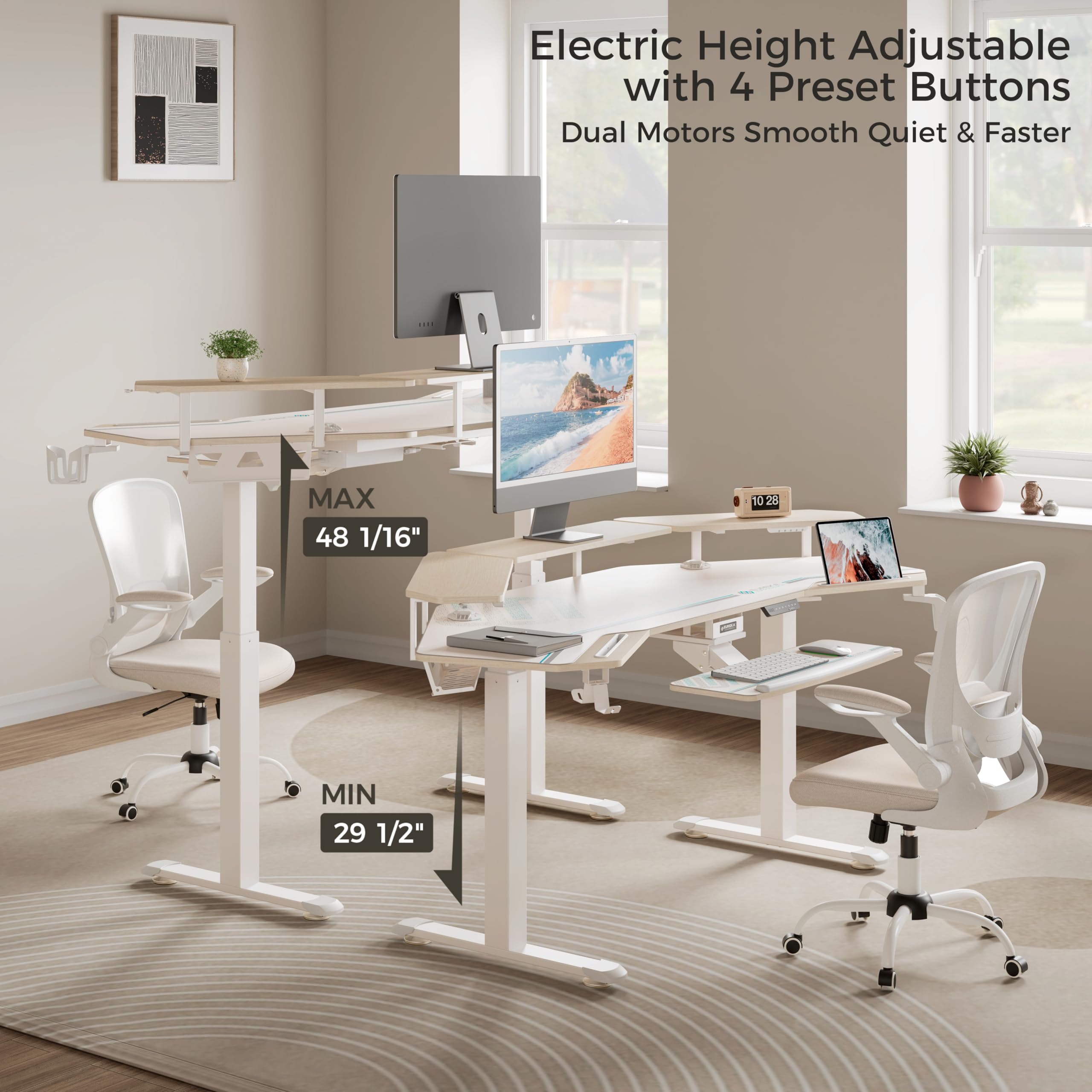 EUREKA ERGONOMIC Standing Desk with Keyboard Tray, Gaming Desk, Wing Shaped Sit Stand Desk 72'' Large Music Studio Desk, LED Convertible Shelves, Dual Motor&Slot, Maple, X-Large (ES71)
