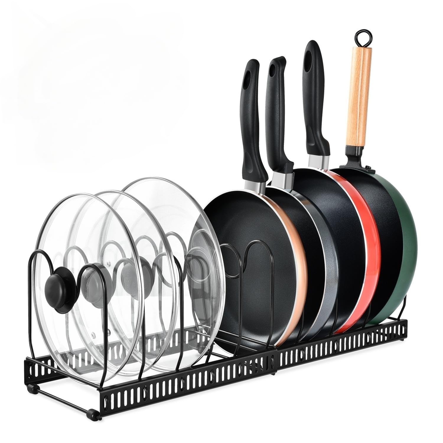 aceyoon Expandable Pots and Pans Organizer Under Cabinet with 10 Adjustable Compartment, Kitchen Pot Lid Organizer, Pan Rack Holder for Kitchen Cabinet Pantry Cookware Baking Frying Rack