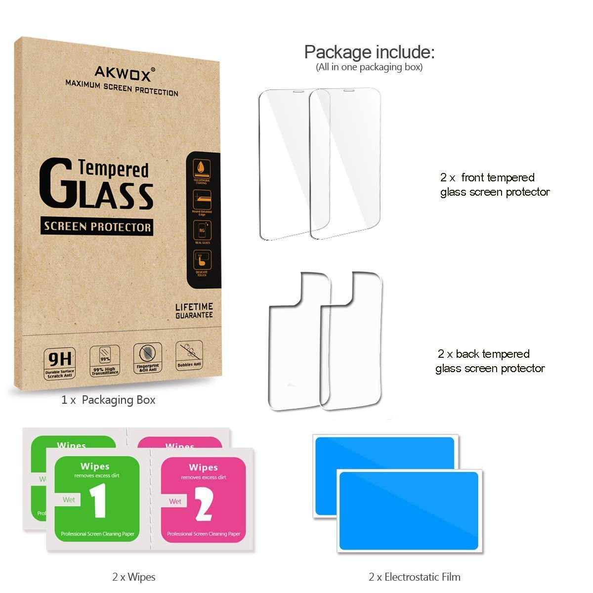 (4-Pack) Tempered Glass Screen Protectors for iPhone 12 Mini 5.4-inch with Back Covers, Akwox 9H Front Screen Protector and Back Screen Protector for iPhone 12 Mini (5.4" Display, 2020)