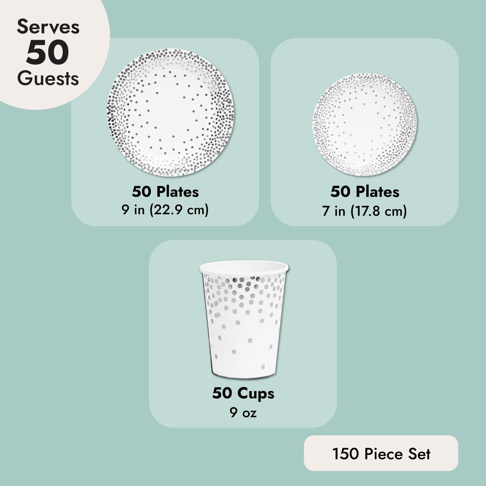 Juvale Serves 50 Silver Party Supplies - 150 Piece Disposable Paper Dinner Plates, Dessert Plates and Cups for Wedding, Birthday Party Table Decorations