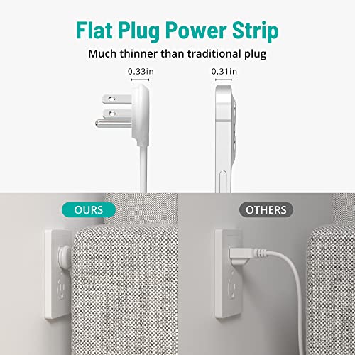 Flat Plug Power Strip, 5 ft Ultra Thin Flat Extension Cord, 8 Widely Outlets, 4 USB Ports(1 USB C) Desk Charging Station, Compact Surge Protector Power Strip for Travel Home Office Dorm Essentials