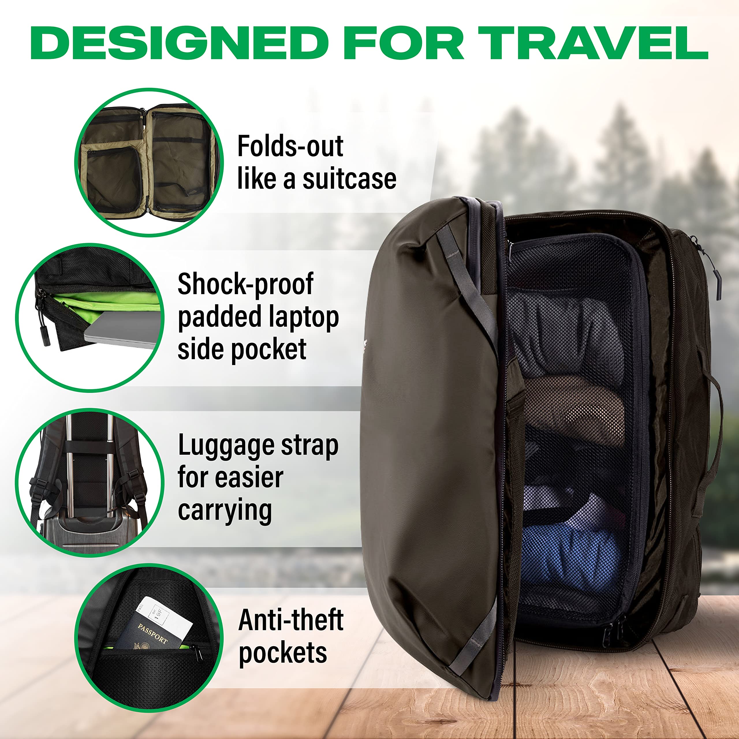 COR Surf Carry On Travel Backpack Bundle | Island Hopper Travel Backpack with Toiletry Bag and Compression Packing Cube Set (38L, Black)