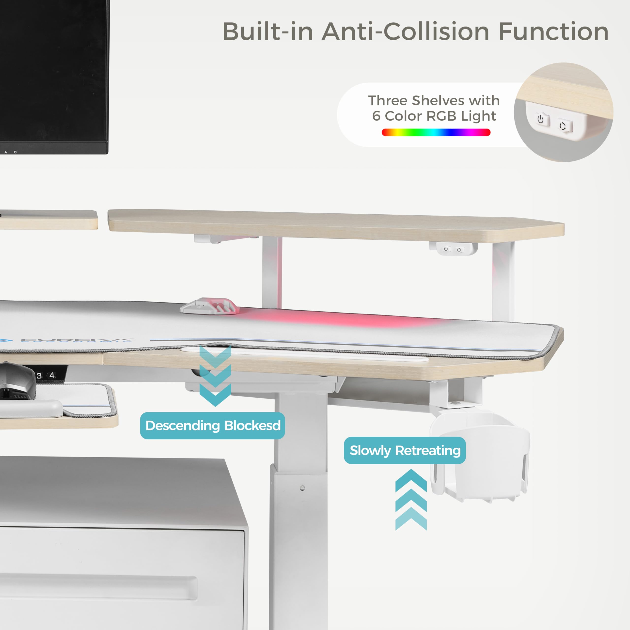 EUREKA ERGONOMIC Standing Desk with Keyboard Tray, Gaming Desk, Wing Shaped Sit Stand Desk 72'' Large Music Studio Desk, LED Convertible Shelves, Dual Motor&Slot, Maple, X-Large (ES71)