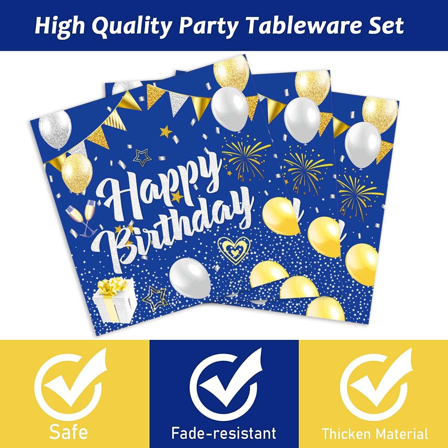 49 Pcs Navy Blue Birthday Party Tableware Set Blue Gold Birthday Party Supplies Navy Blue Plates,Napkins,Tablecloth Table Decorations for Men Women Birthday Graduation Party,Serves 16
