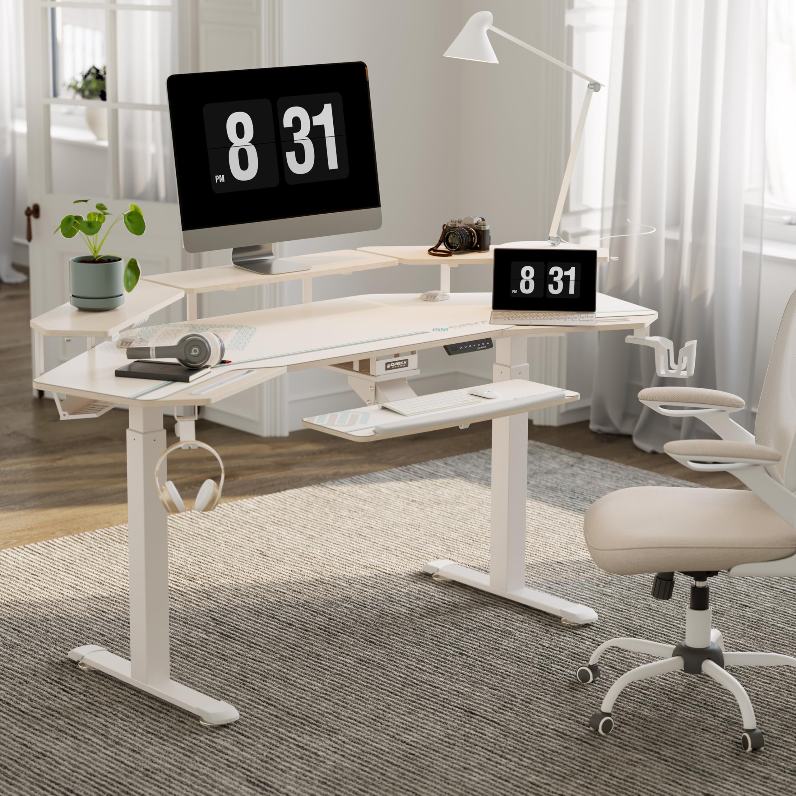 EUREKA ERGONOMIC Standing Desk with Keyboard Tray, Gaming Desk, Wing Shaped Sit Stand Desk 72'' Large Music Studio Desk, LED Convertible Shelves, Dual Motor&Slot, Maple, X-Large (ES71)