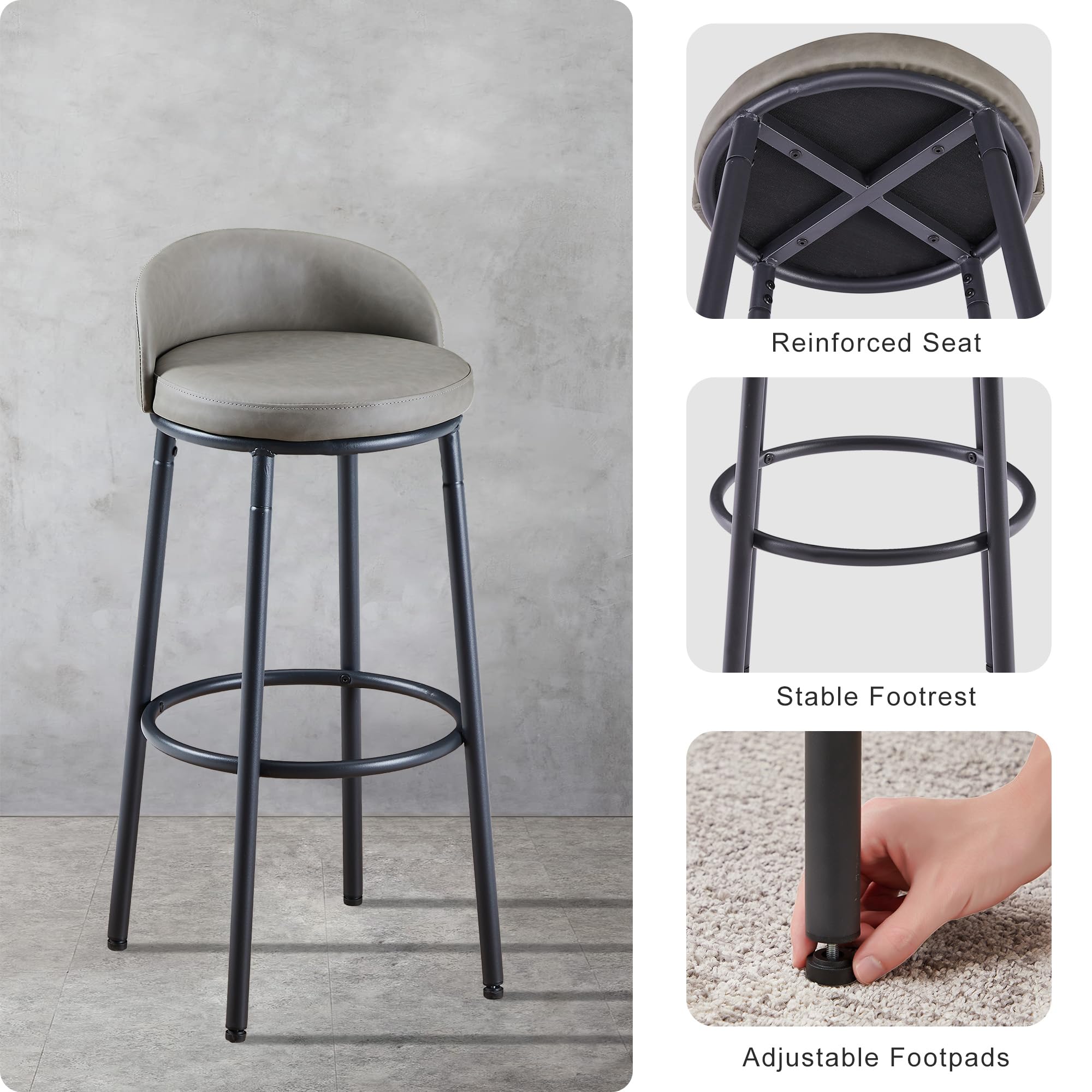Tiokop Set of 2,Barstools with Back and Footrest,29.3 Inches Tall Seat, Dining Room,Bistro,Modern Armless Kitchen Island Stool,Breakfast Bar Chairs,Solid and Stable,Grey and Black