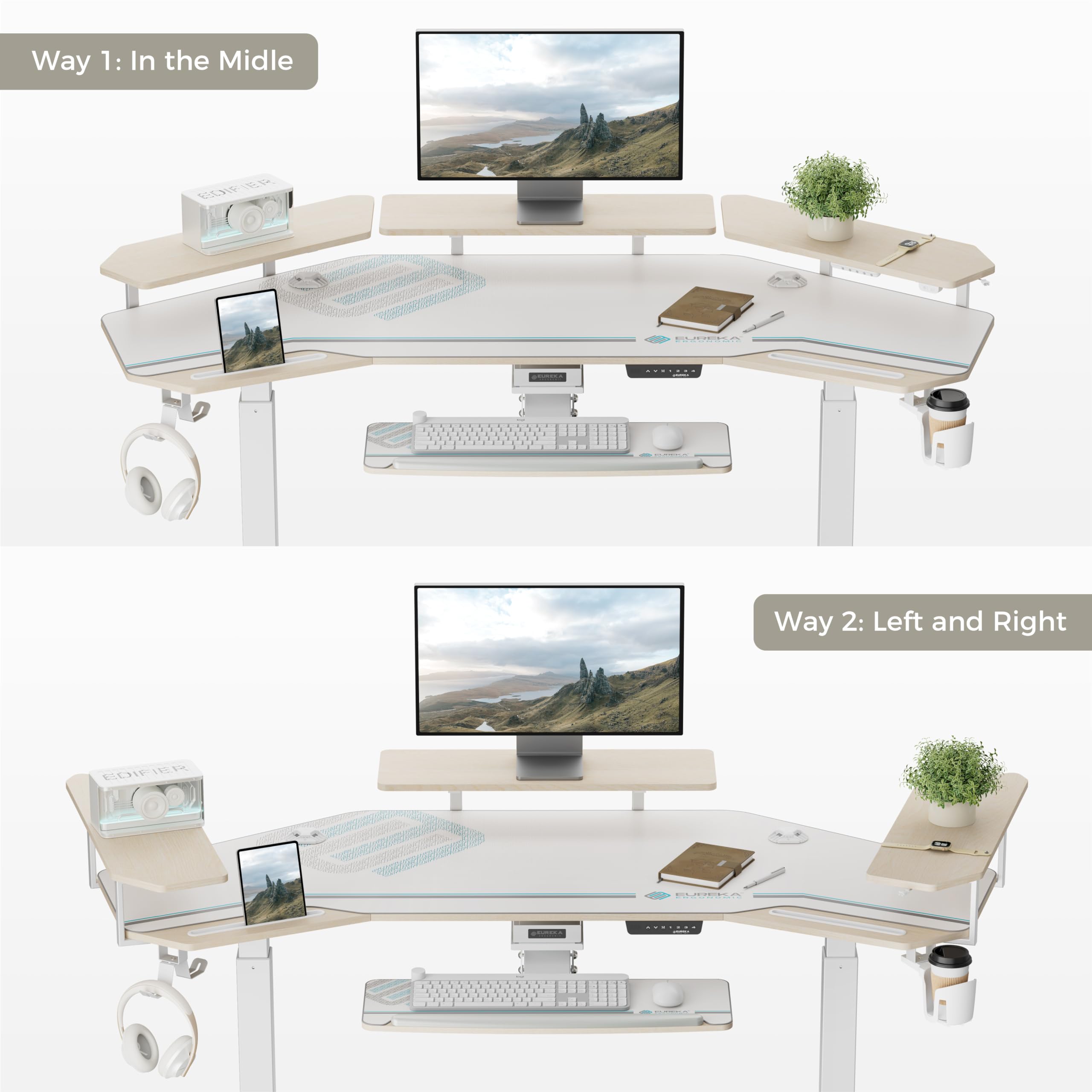 EUREKA ERGONOMIC Standing Desk with Keyboard Tray, Gaming Desk, Wing Shaped Sit Stand Desk 72'' Large Music Studio Desk, LED Convertible Shelves, Dual Motor&Slot, Maple, X-Large (ES71)