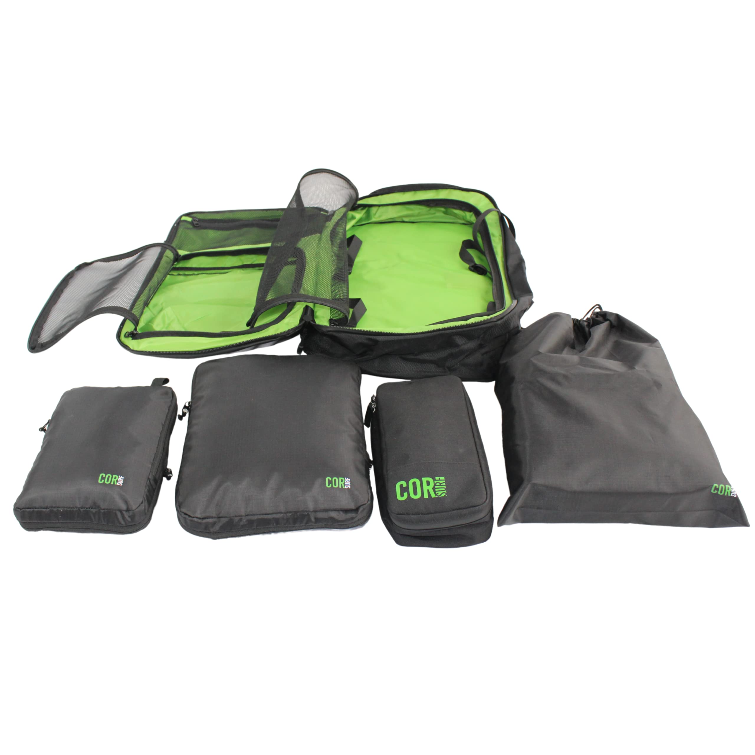 COR Surf Carry On Travel Backpack Bundle | Island Hopper Travel Backpack with Toiletry Bag and Compression Packing Cube Set (38L, Black)