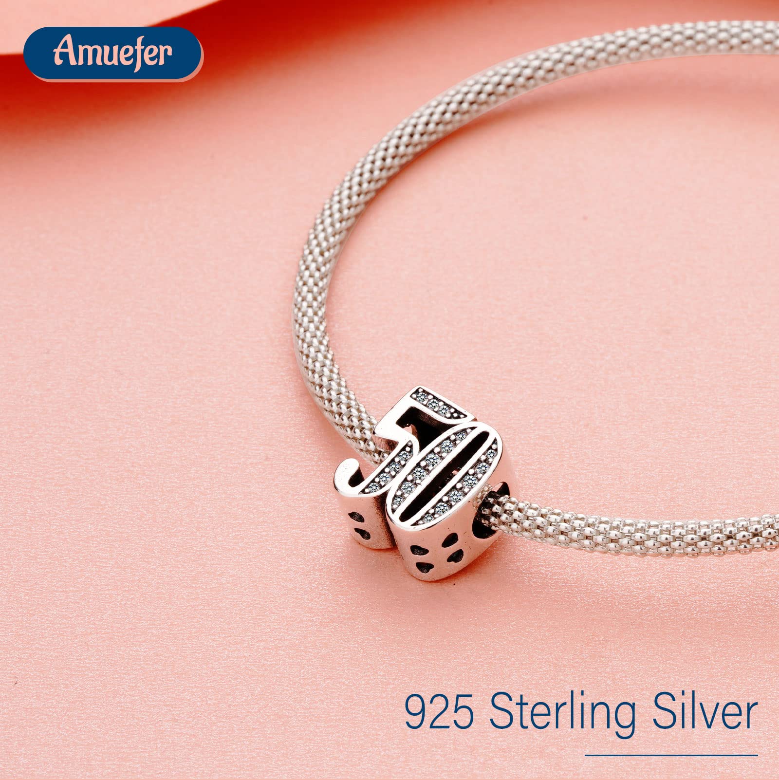 Amuefer Charms for Bracelets Number 50 Brithday Anniversary Bead 925 Sterling Silver Charms Gift for Women Bracelet Necklaces