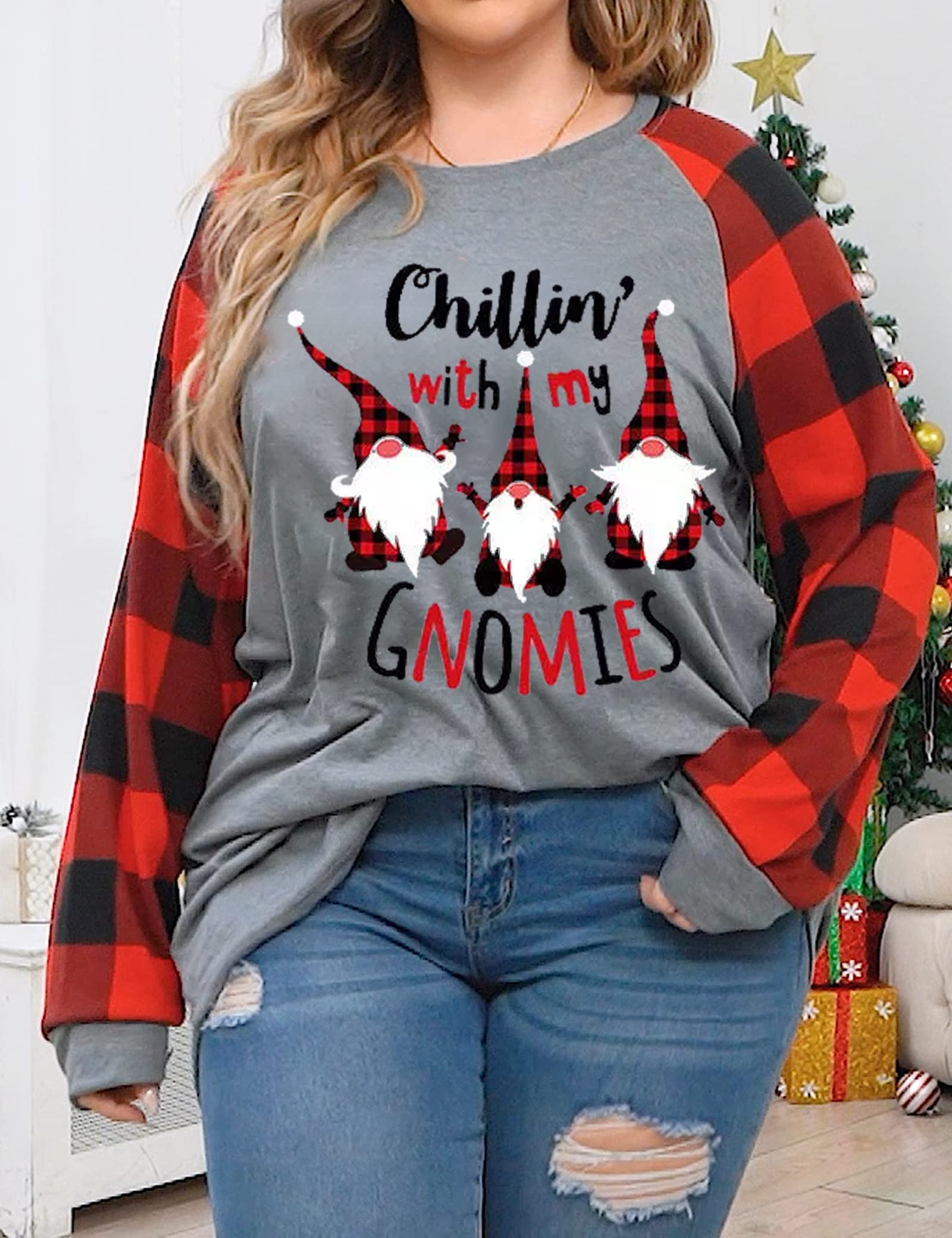 SECETKET Gnome Christmas Shirts for Women Plus Size Christmas Shirt Buffalo Plaid Long Sleeve Tee Holiday Xmas Tops(P5,XL)