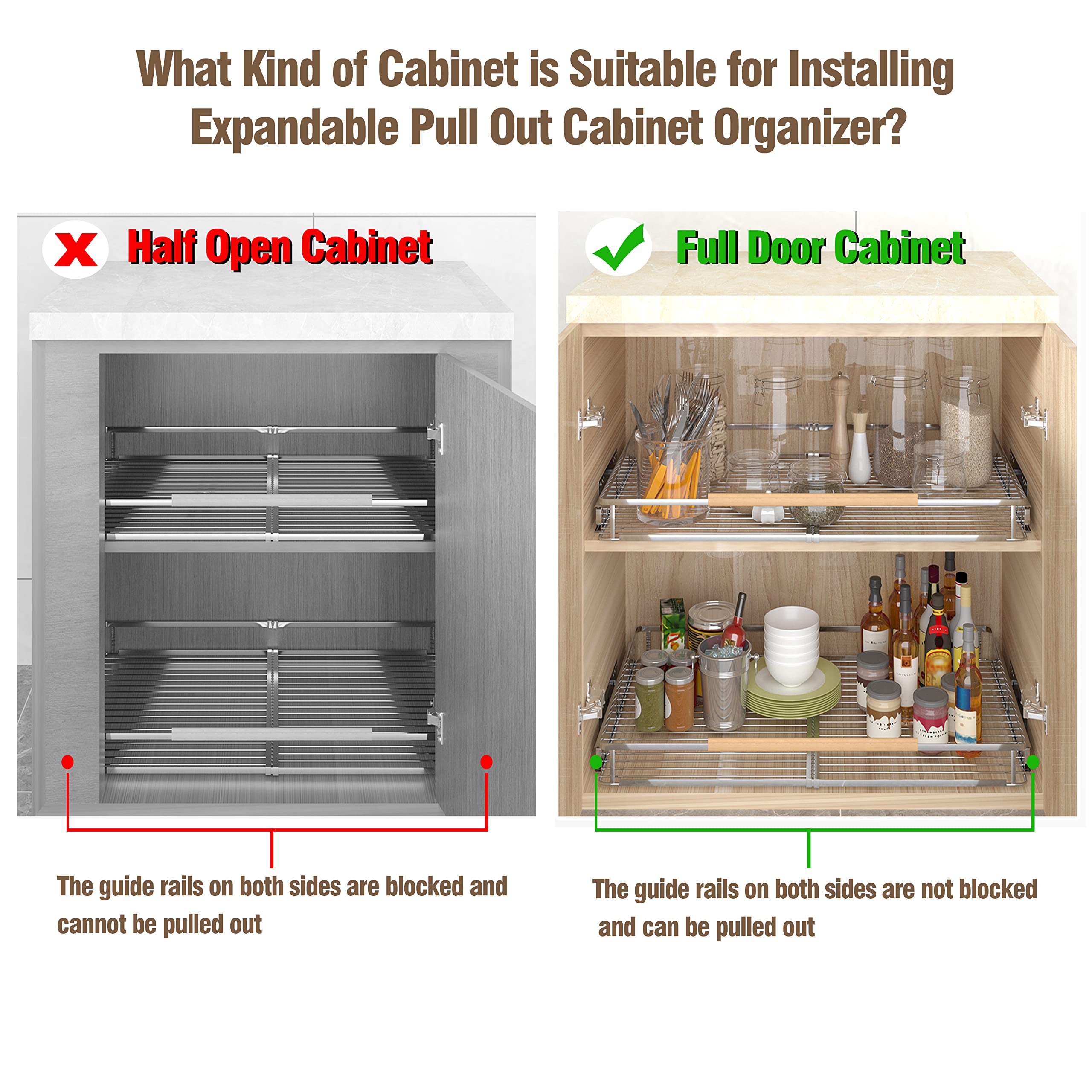 Pull Out Cabinet Organizer, 12.2~17.9"W x 22.5"D Expandable Pull Out Shelves for Kitchen Cabinets, Heavy Duty Metal Slide Out Pantry Shelves Sliding Shelf for Home Kitchen,Under Sink,Bathroom,Wardrobe